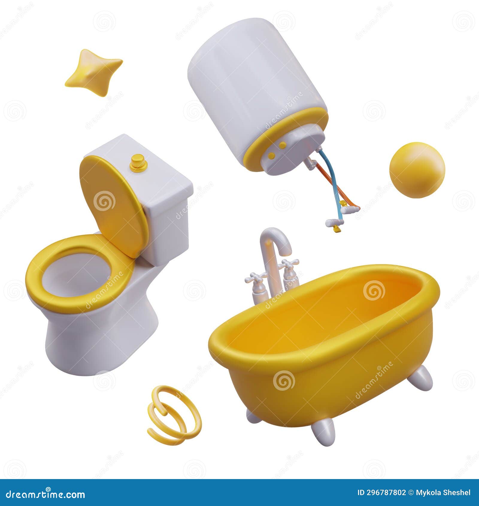 Set of 3D Colored Elements for Bathroom. Toilet, Bathtub, Water Heater ...
