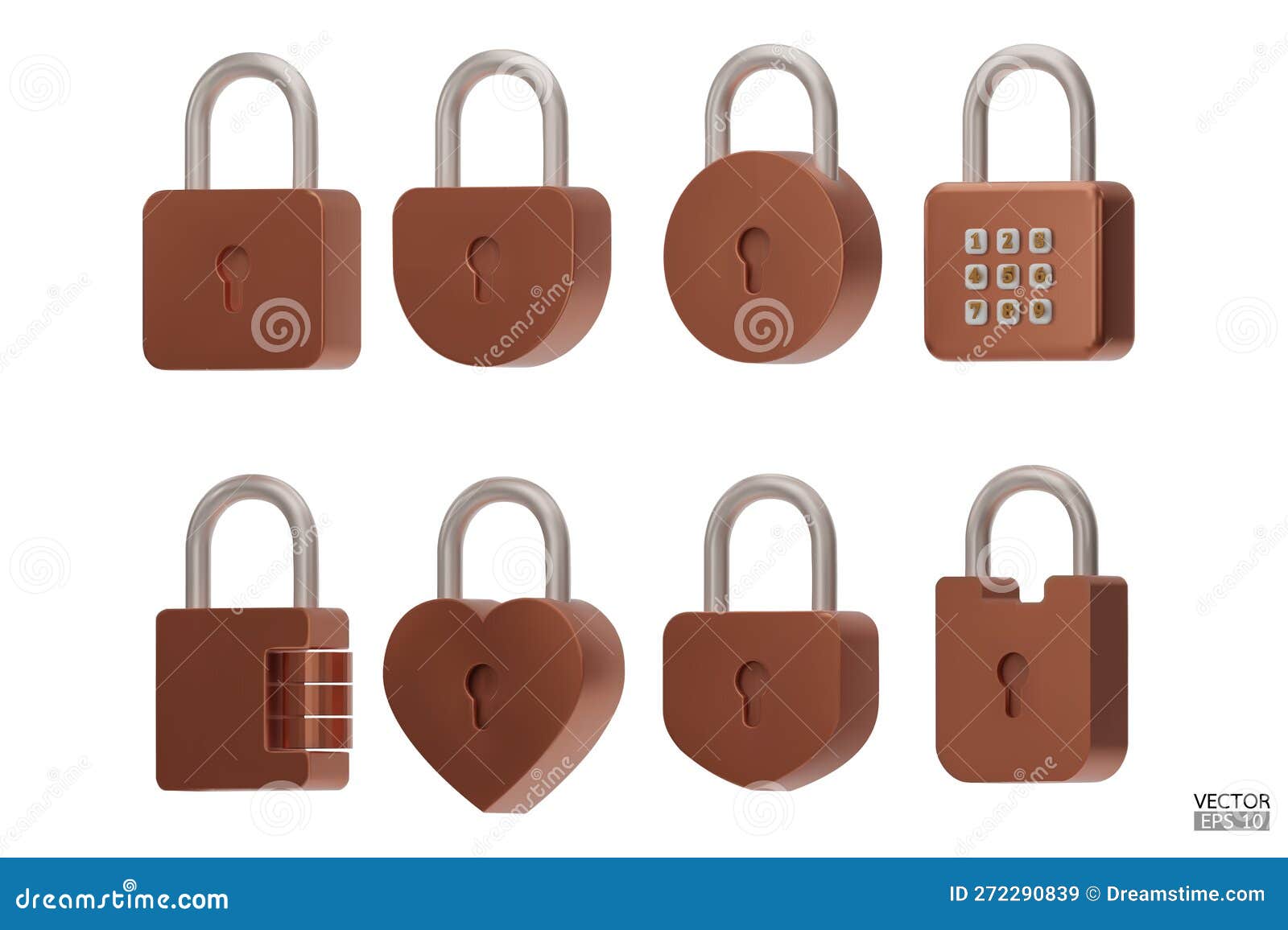 Set of 3D Copper Padlock Icons Isolated on White Background. Minimal ...