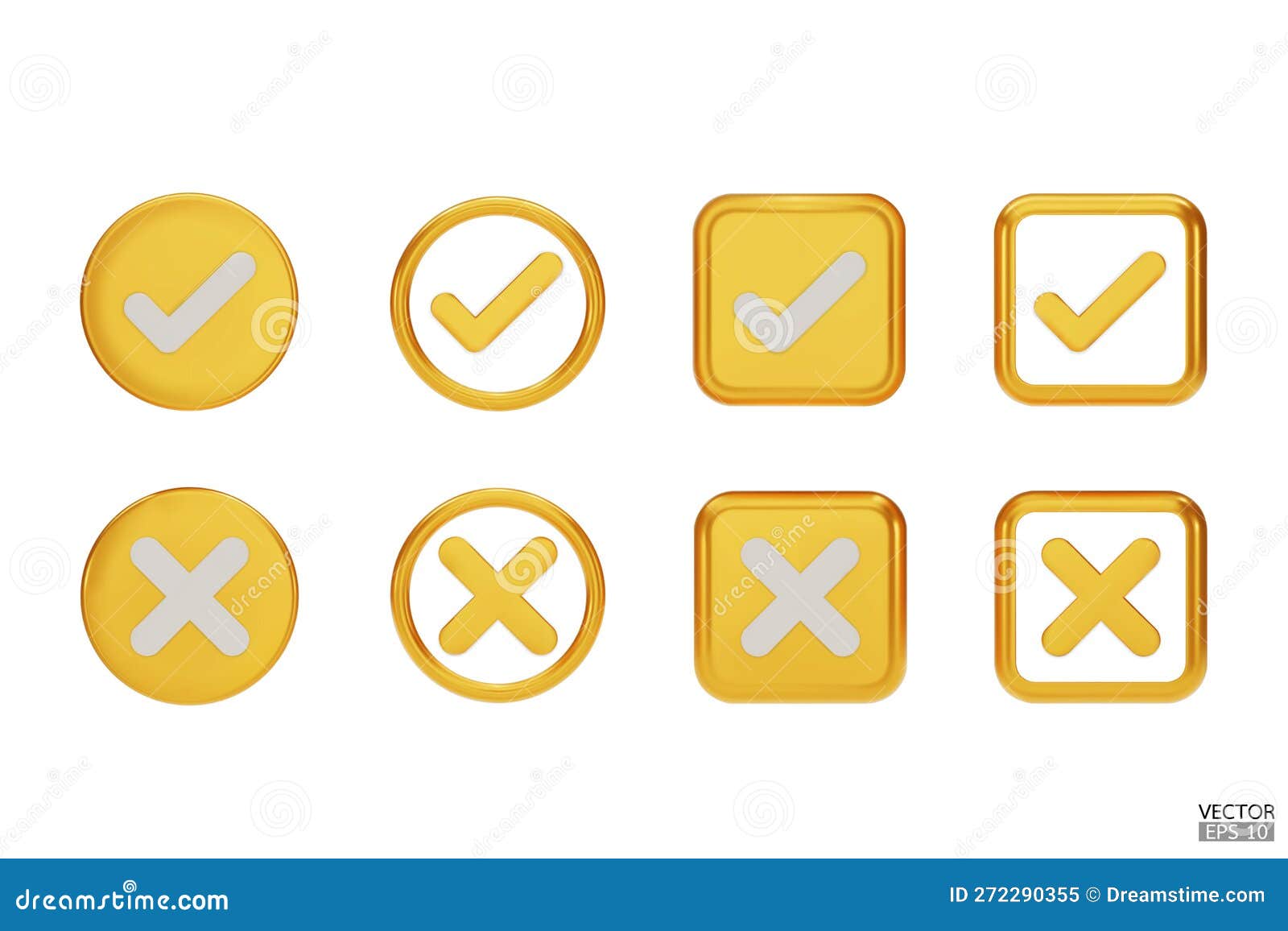 Set of 3D Gold Checkmark and X Mark Icon Set. Checkmark Right Symbol ...