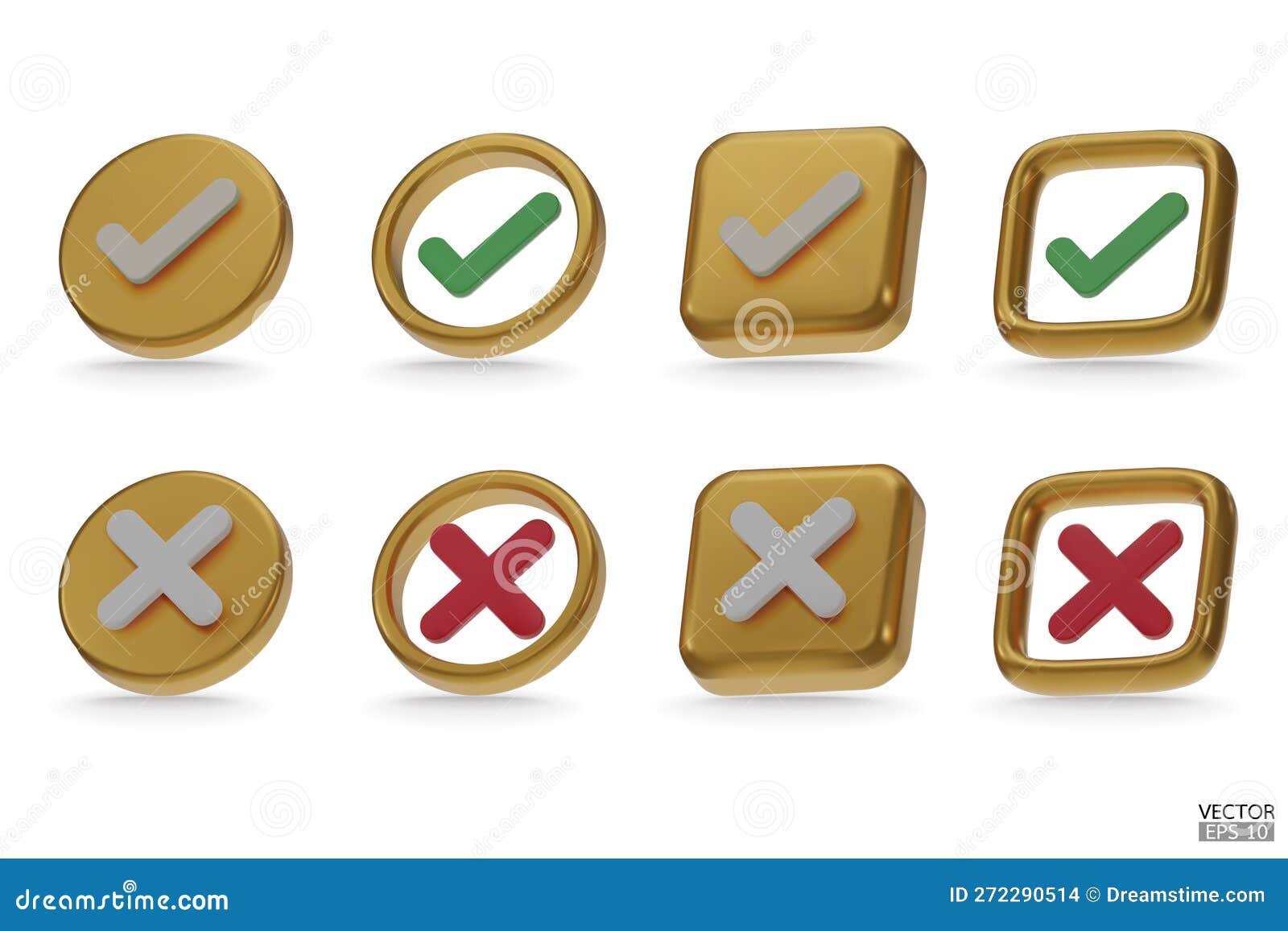 Set Of 3D Gold Checkmark, And X Mark Icon Sets. Checkmark The Right ... Set Of 3D Gold Checkmark, And X Mark Icon Sets. Checkmark The Right ...