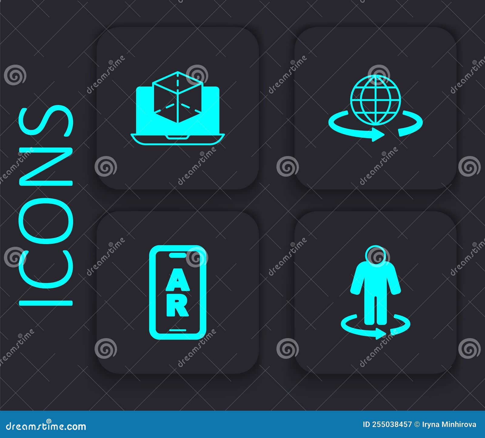 Set 3d Modeling, and Augmented Reality AR Icon. Black Square Button ...