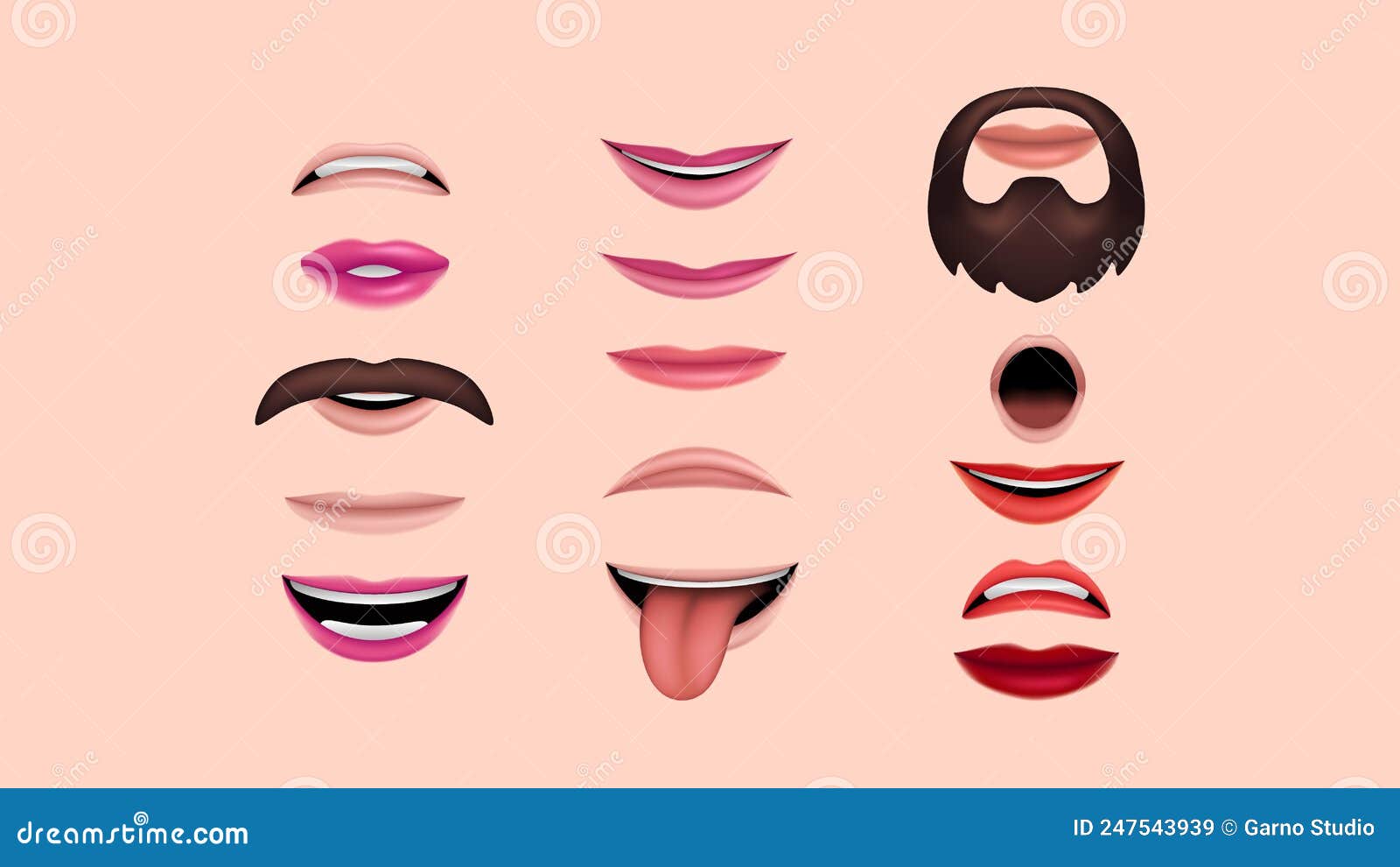 Set of 3D Mouths. Different Lips and Beard Forms Stock Vector ...