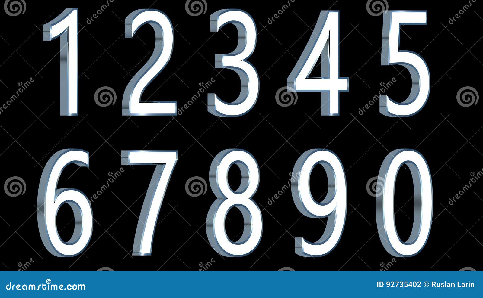Set of 3D Numbers. Metallic Light Color with Black Background. Isolated ...
