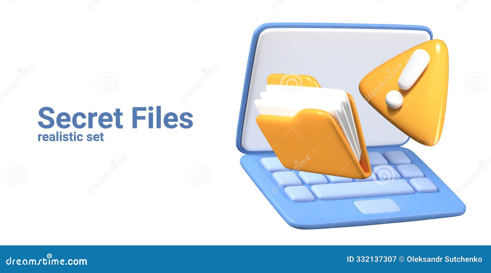 Set of 3D Objects for Concepts with Secret Files. Open Laptop, Warning ...
