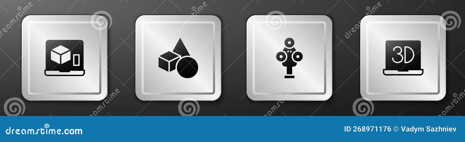 Set 3D Printer, Basic Geometric Shapes, Scanner and Icon. Silver Square ...
