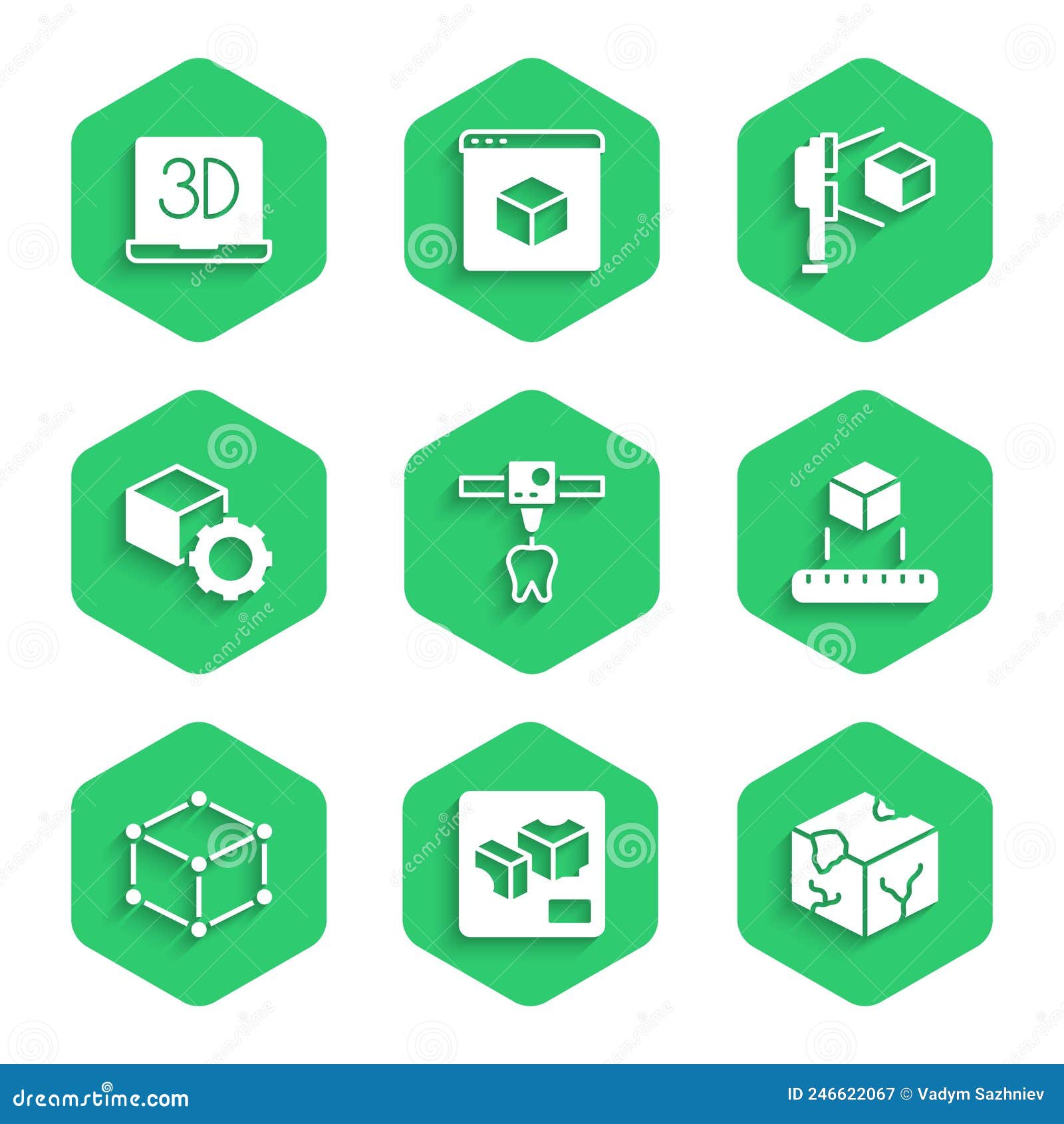 Set 3D Printer Tooth, Isometric Cube, Scanner with and Icon. Vector ...