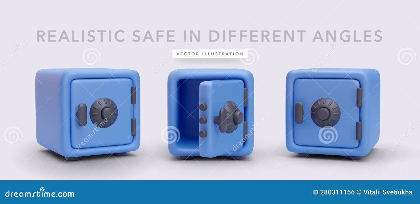 Set of 3d Realistic Blue Safe in Different Angles with Shadow Isolated ...