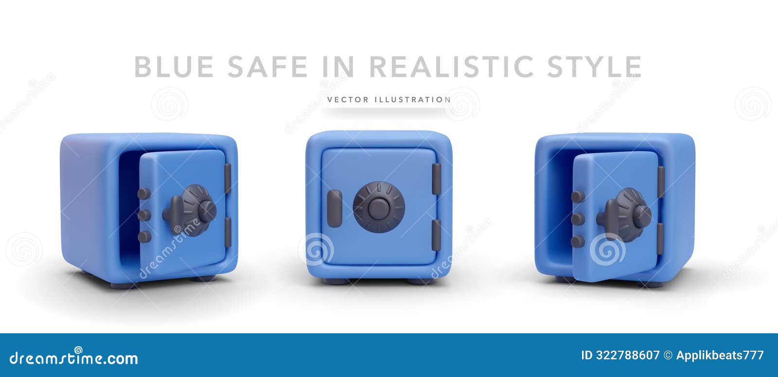 Set of 3d Realistic Blue Safe Icons with Shadow Isolated on White ...