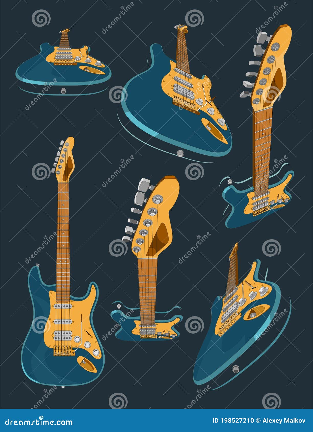 Set With 3d Realistic Colored Electric Guitar. Different Angles And 3D ...