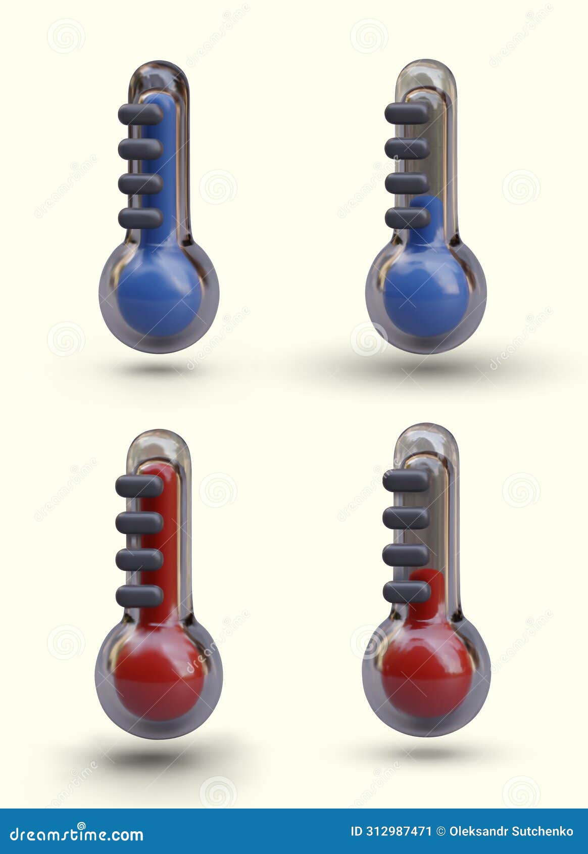 Set of 3D Red and Blue Thermometers with Different Indicators. Cold and ...