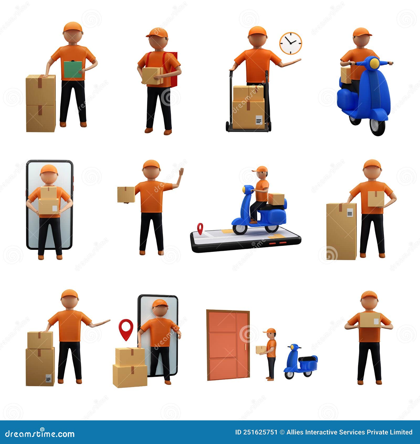 Set of 3D Rendering Delivery Boy with Parcel Boxes Against White Stock ...