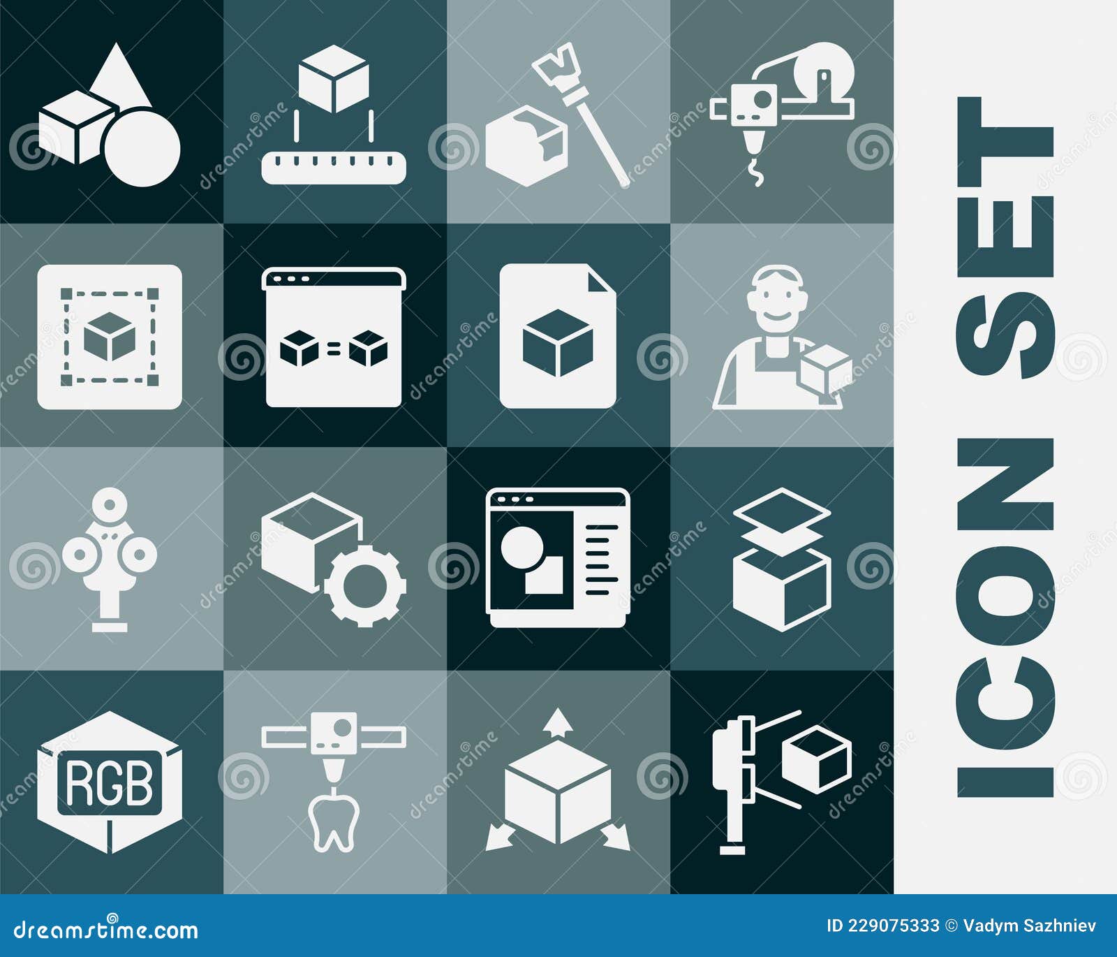 Set 3D Scanner With Cube, Layers, Graphic Designer, Isometric, Printer ...