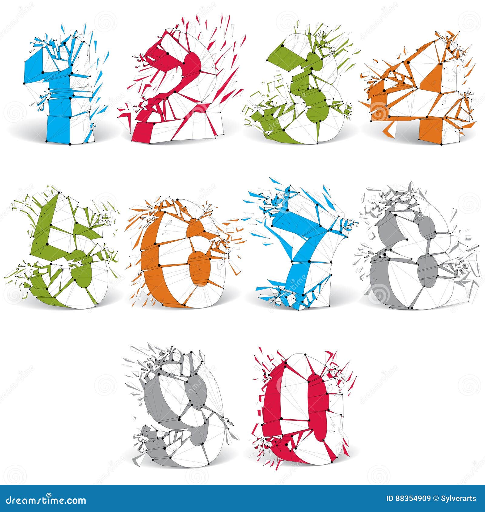 Set of 3d Vector Colorful Wireframe Numbers Broken into Different ...