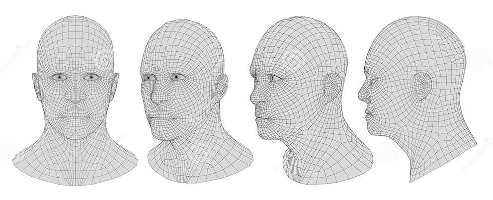 Set with 3d Wireframe Human Head of a Man in Positions. 3D Vector ...