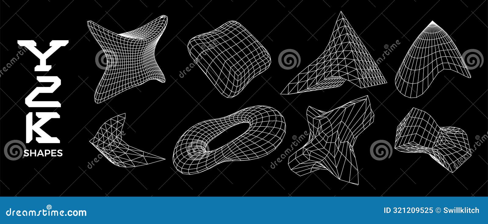 Set of 3D Wireframe Shapes in Brutalism Style. Fluid Geometric Grid ...