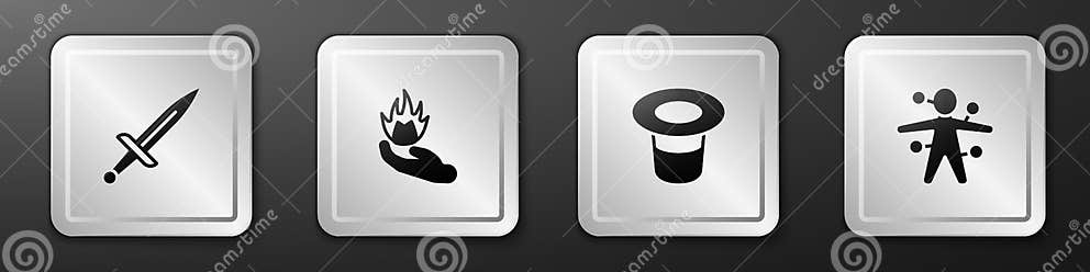 Set Dagger, Hand Holding Fire, Magic Hat and Voodoo Doll Icon. Silver ...