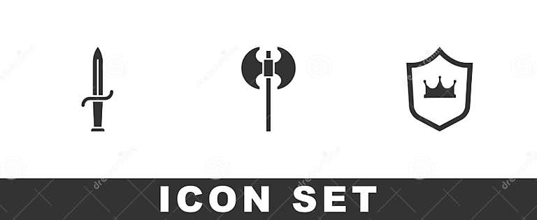 Set Dagger, Medieval Axe and Shield with Crown Icon. Vector Stock ...