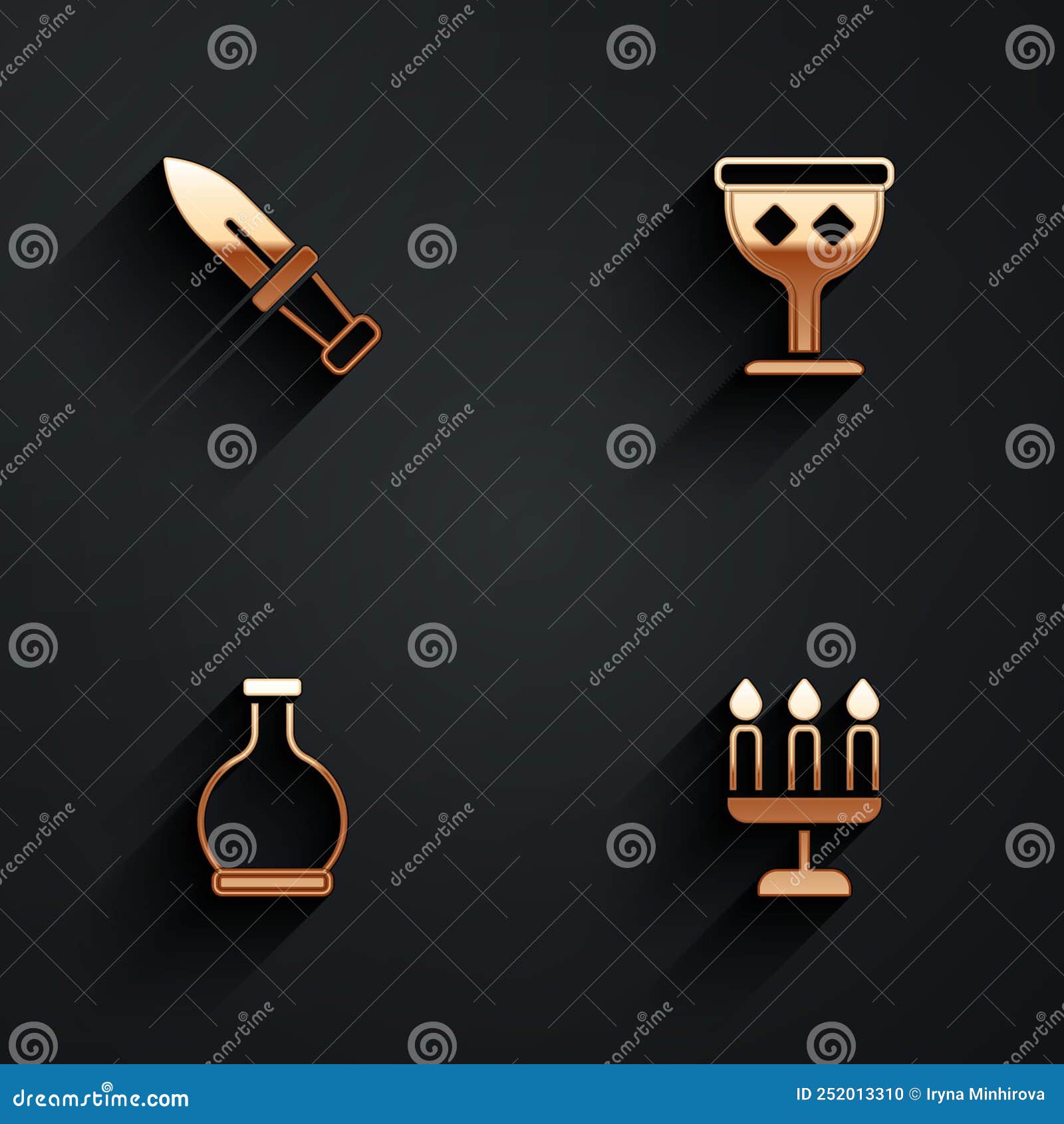 Set Dagger, Medieval Goblet, Bottle with Potion and Candlestick Icon ...