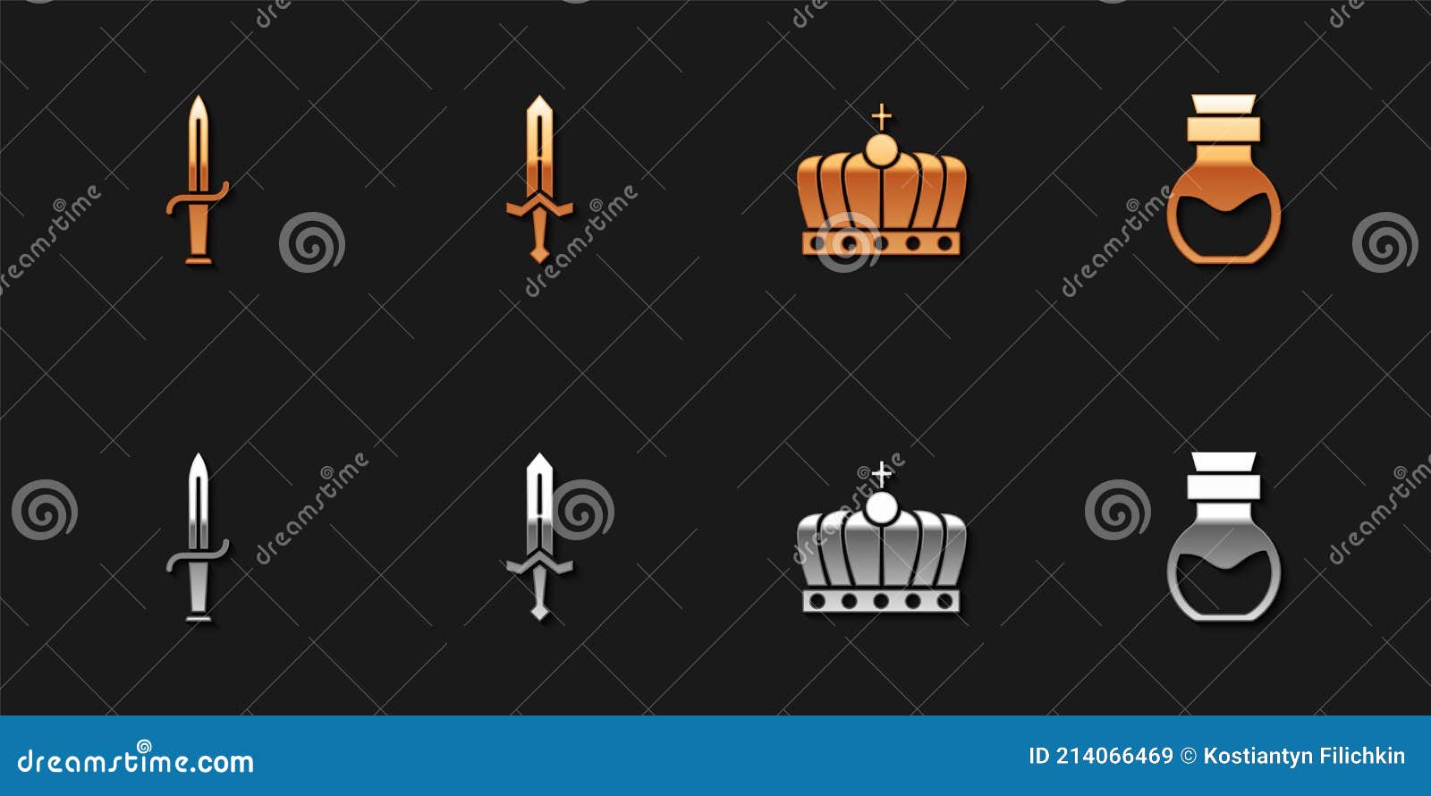 Set Dagger, Medieval Sword, King Crown and Poison Bottle Icon. Vector ...