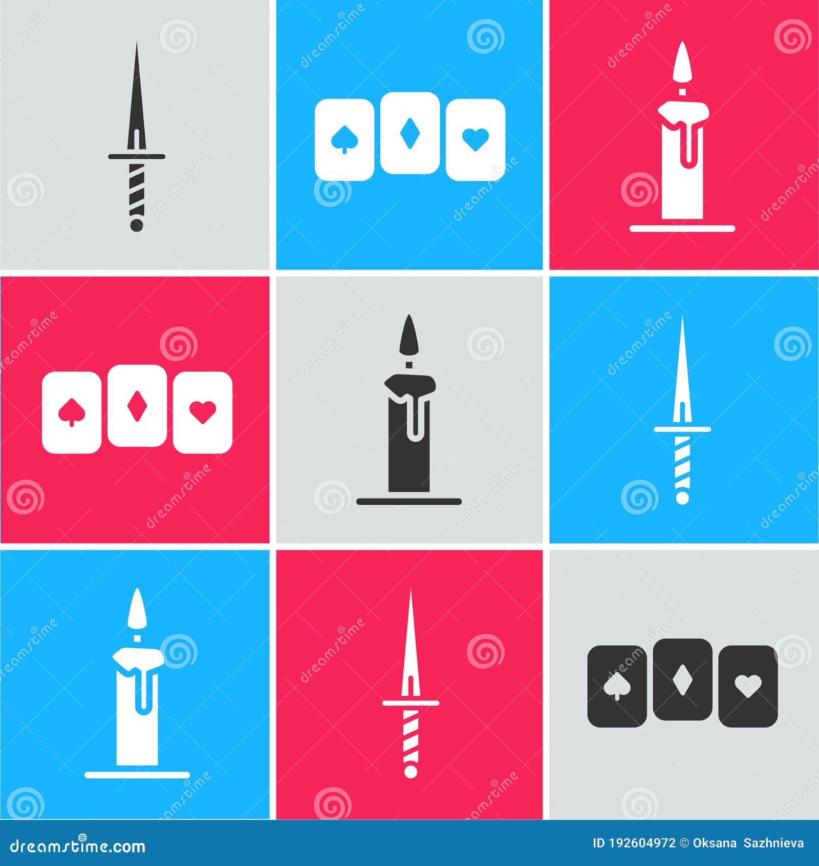 Set Dagger, Playing Cards and Burning Candle in Candlestick Icon ...