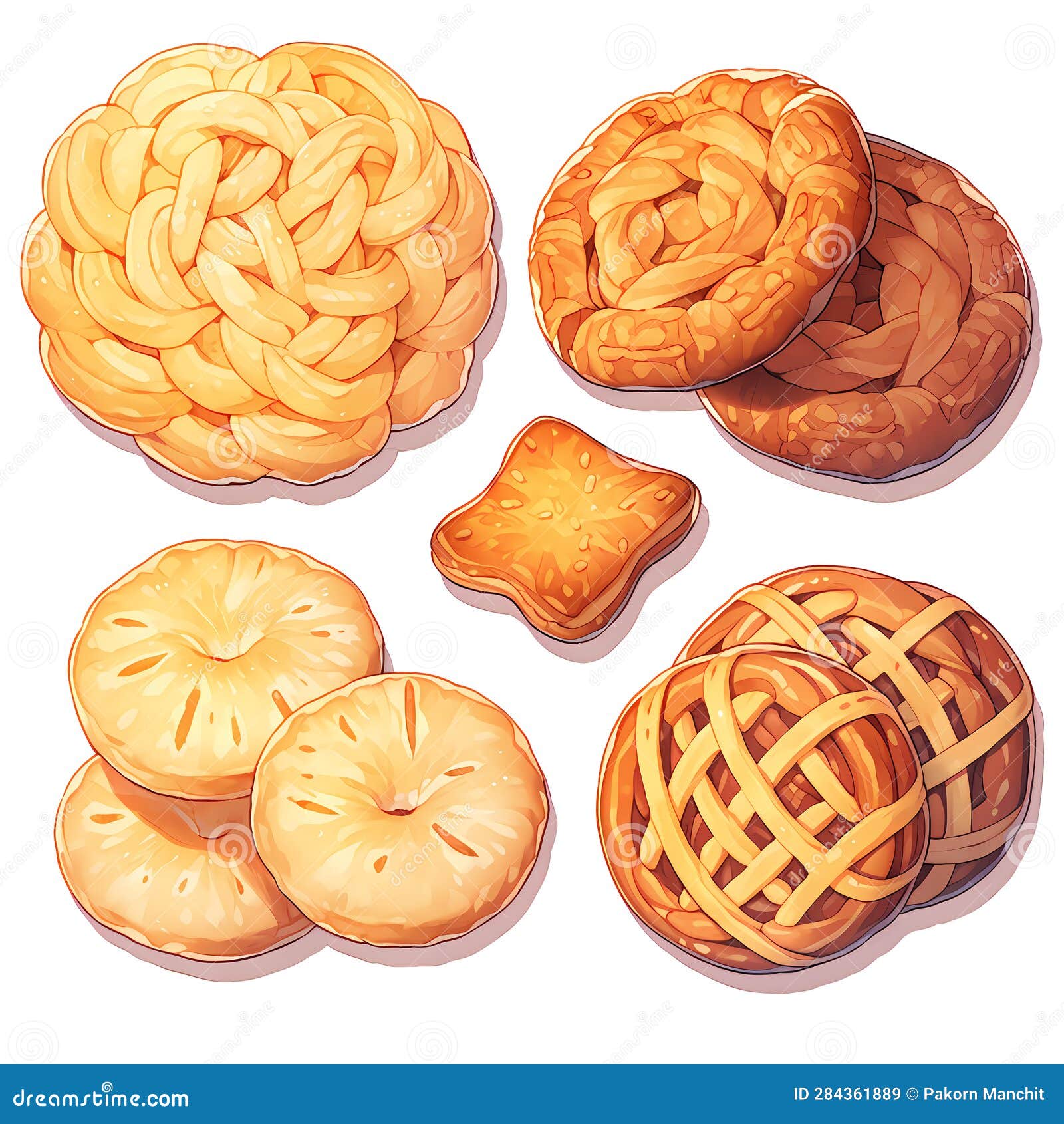 Set of Danish Butter Cookies Macro Cutout. Five Whole Pretzel, Round ...