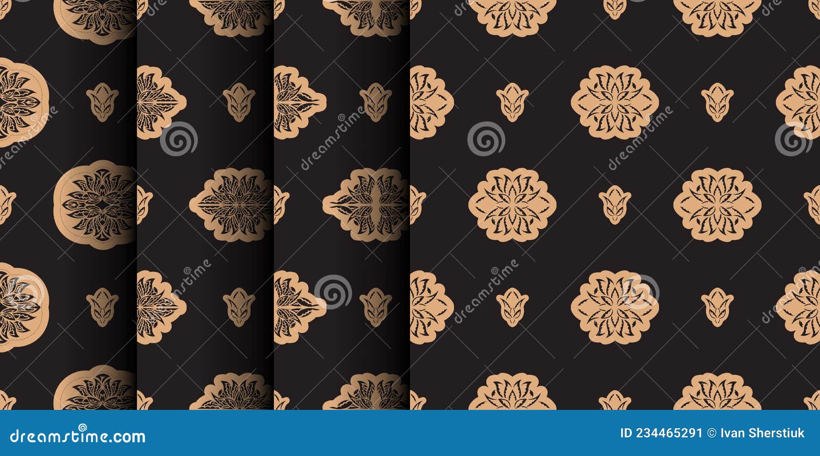 Set of Dark Solid Color Seamless Pattern with Lotuses in Simple Style ...