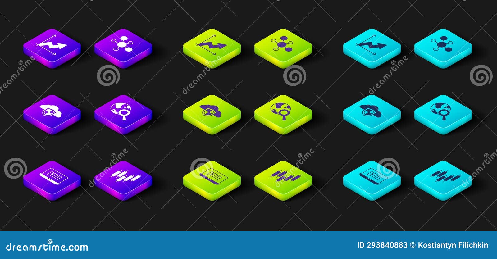 Set Data Analysis, Browser with Stocks Market, Cloud and Shield, Search Globe, Mind Map ...