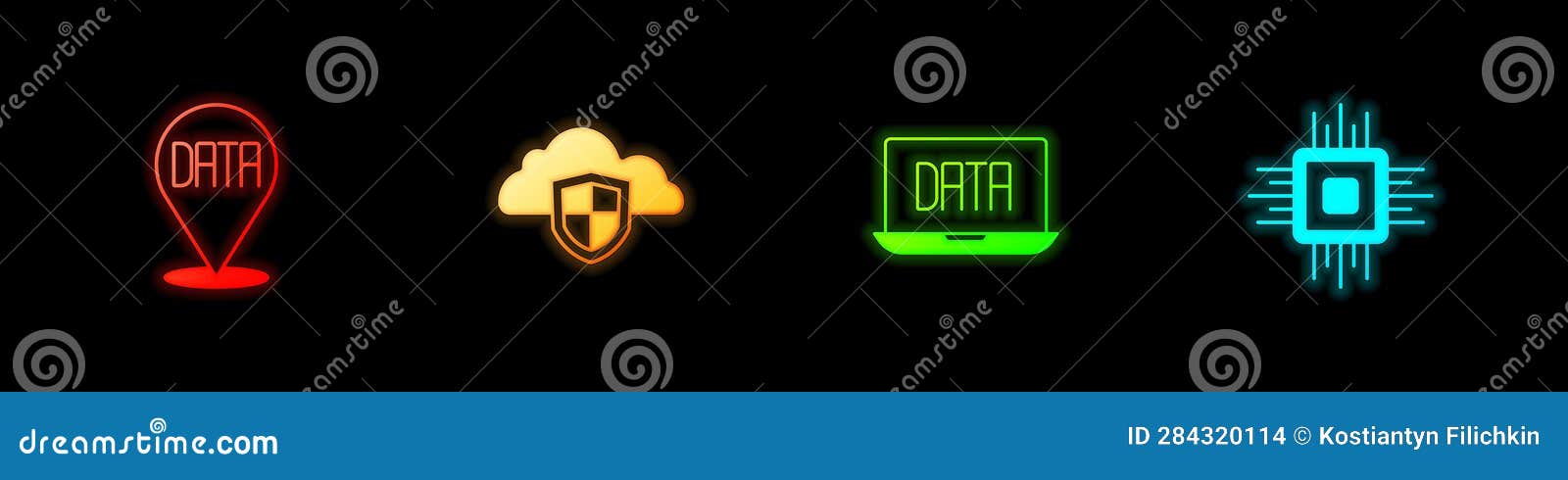 Set Data Analysis, Cloud and Shield, and Processor CPU Icon. Vector Stock Illustration ...
