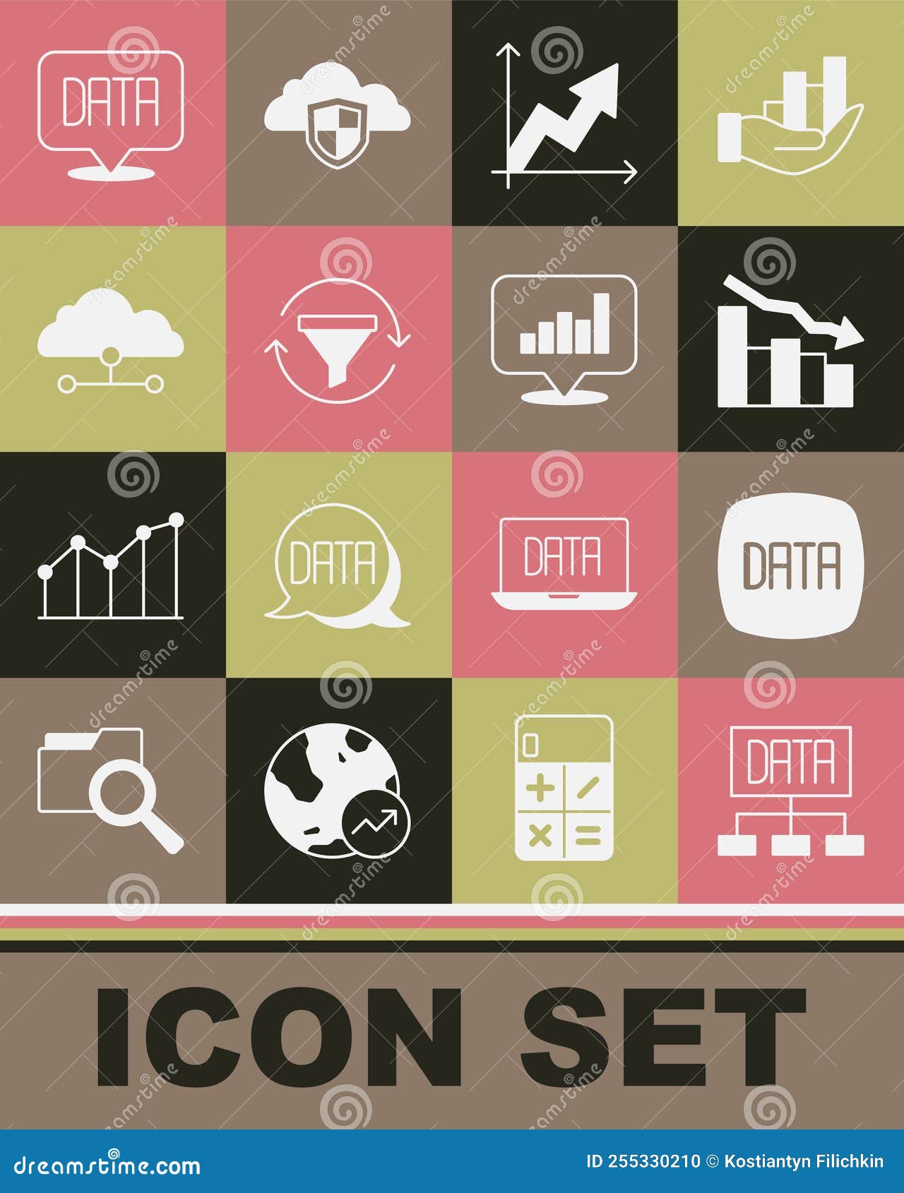 Set Data Analysis, Financial Growth Decrease, Sales Funnel with Chart, Network Cloud Connection ...