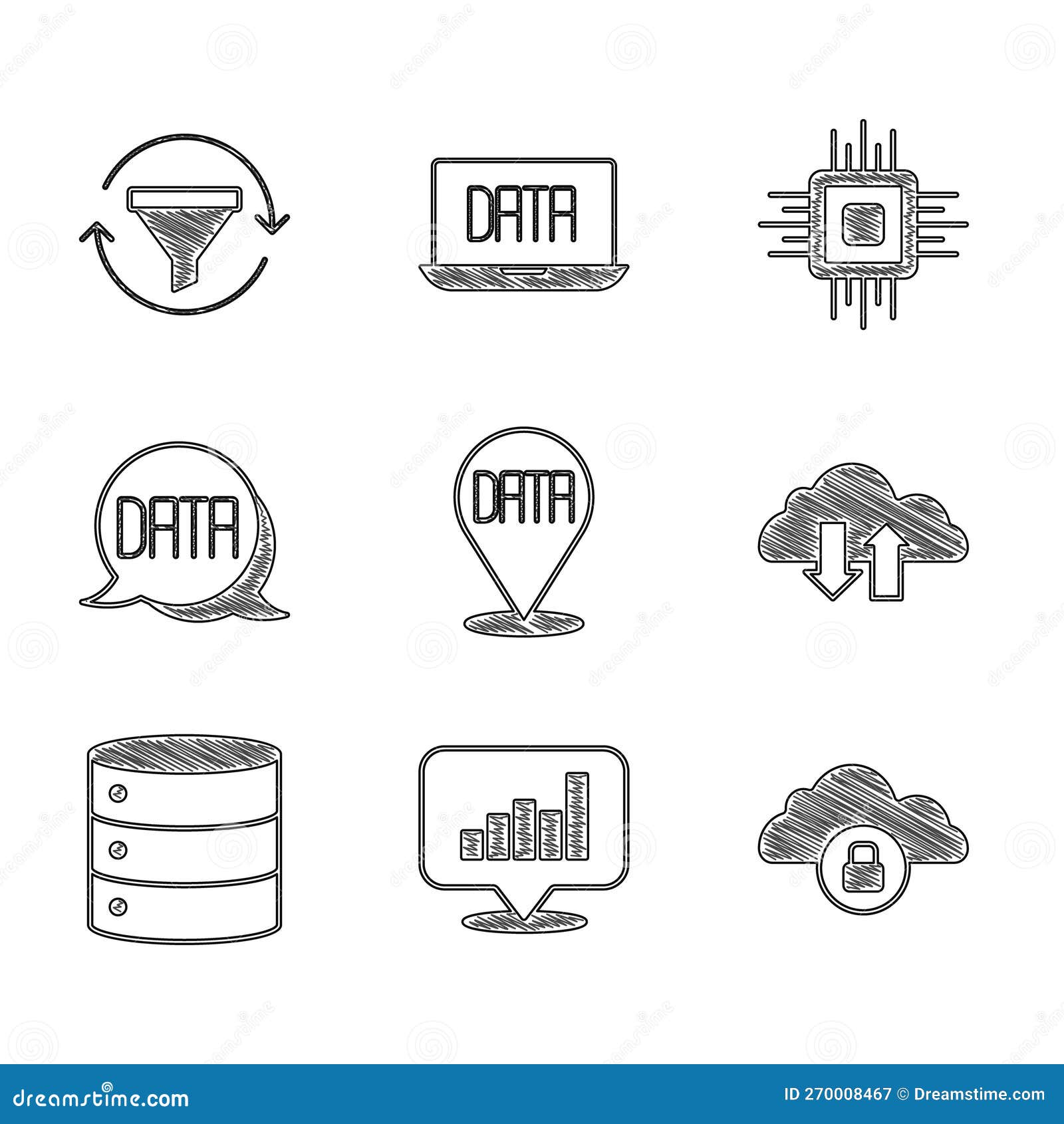 Set Data Analysis, Pie Chart Infographic, Cloud Computing Lock, Download and Upload, Server ...