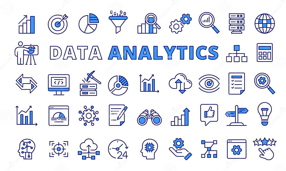 Set of Data Analytics Icons in Line Design Blue.Data Visualization ...