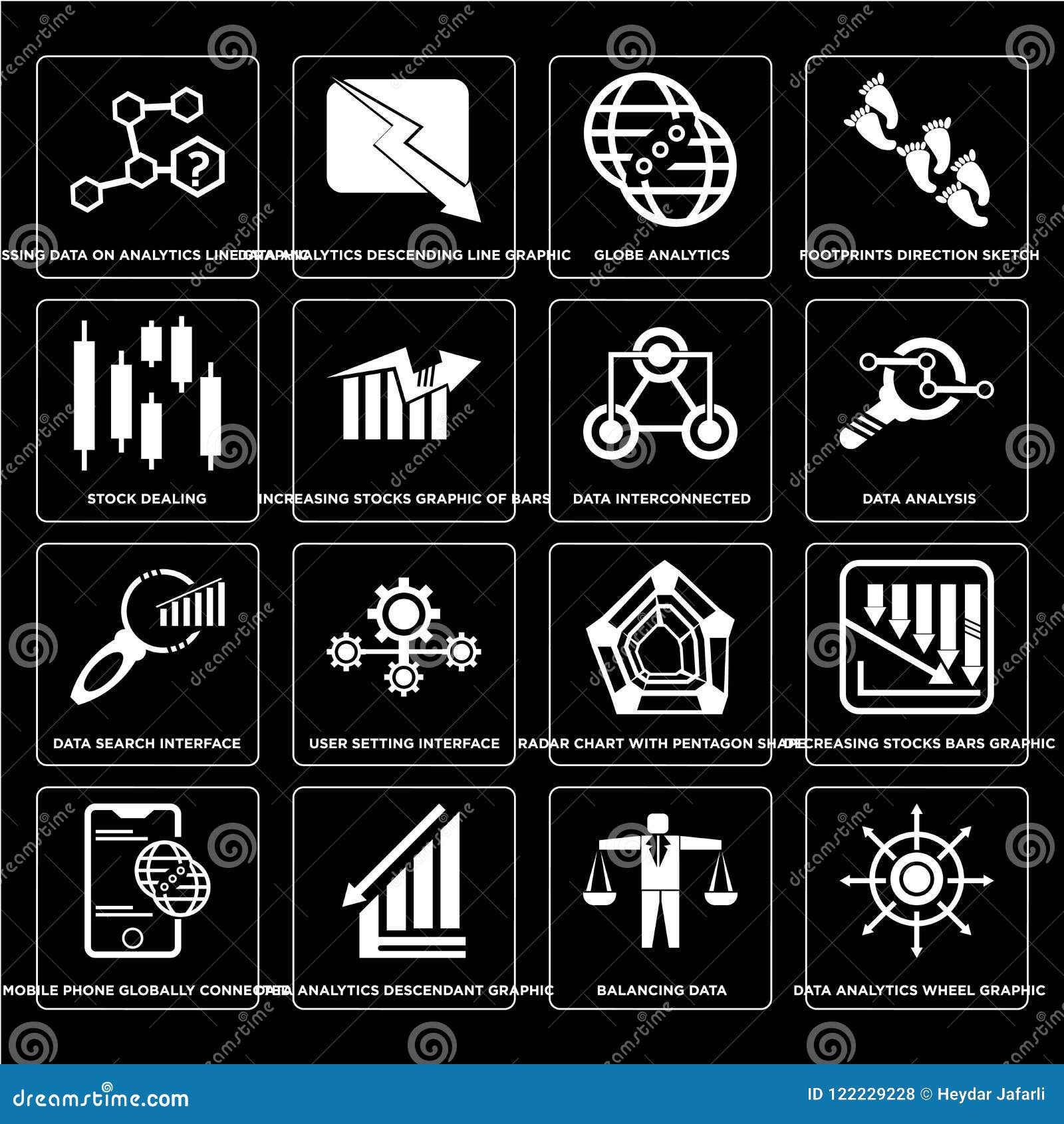 Set of Data Analytics Wheel Graphic, Decreasing Stocks Bars Analysis ...