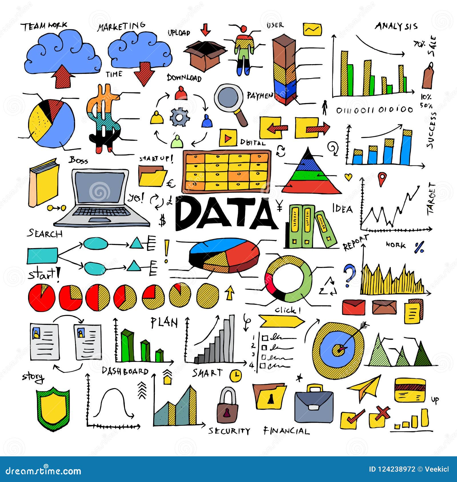 Set of Data Doodle Vector. Creative Colour Art Hand Draw Illustration ...