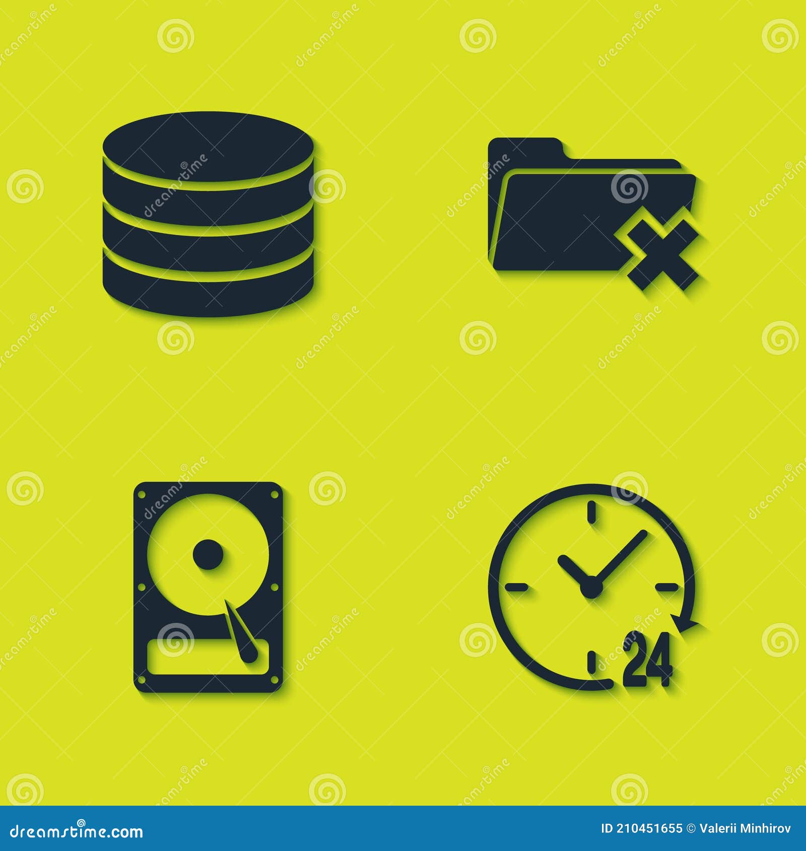 Set Database, Clock 24 Hours, Hard Disk Drive HDD And Delete Folder Icon. Vector | CartoonDealer ...