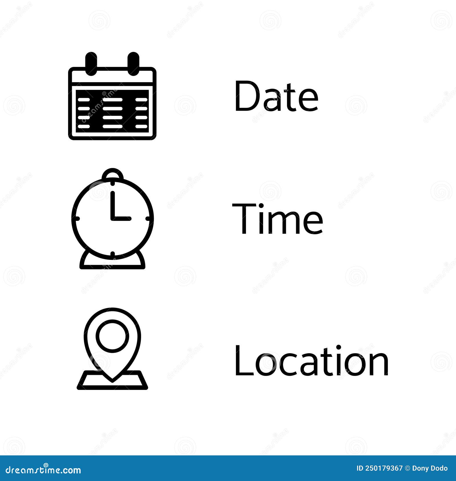Set Date, Time and Location Icons for Graphic Design.Isolated on a ... Set Date, Time and Location Icons for Graphic Design.Isolated on a ...