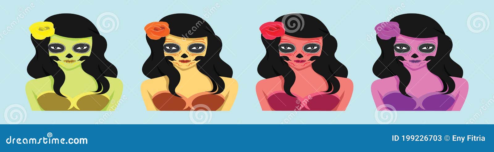 Set of Day of the Dead Cartoon Character Design Template with Various ...