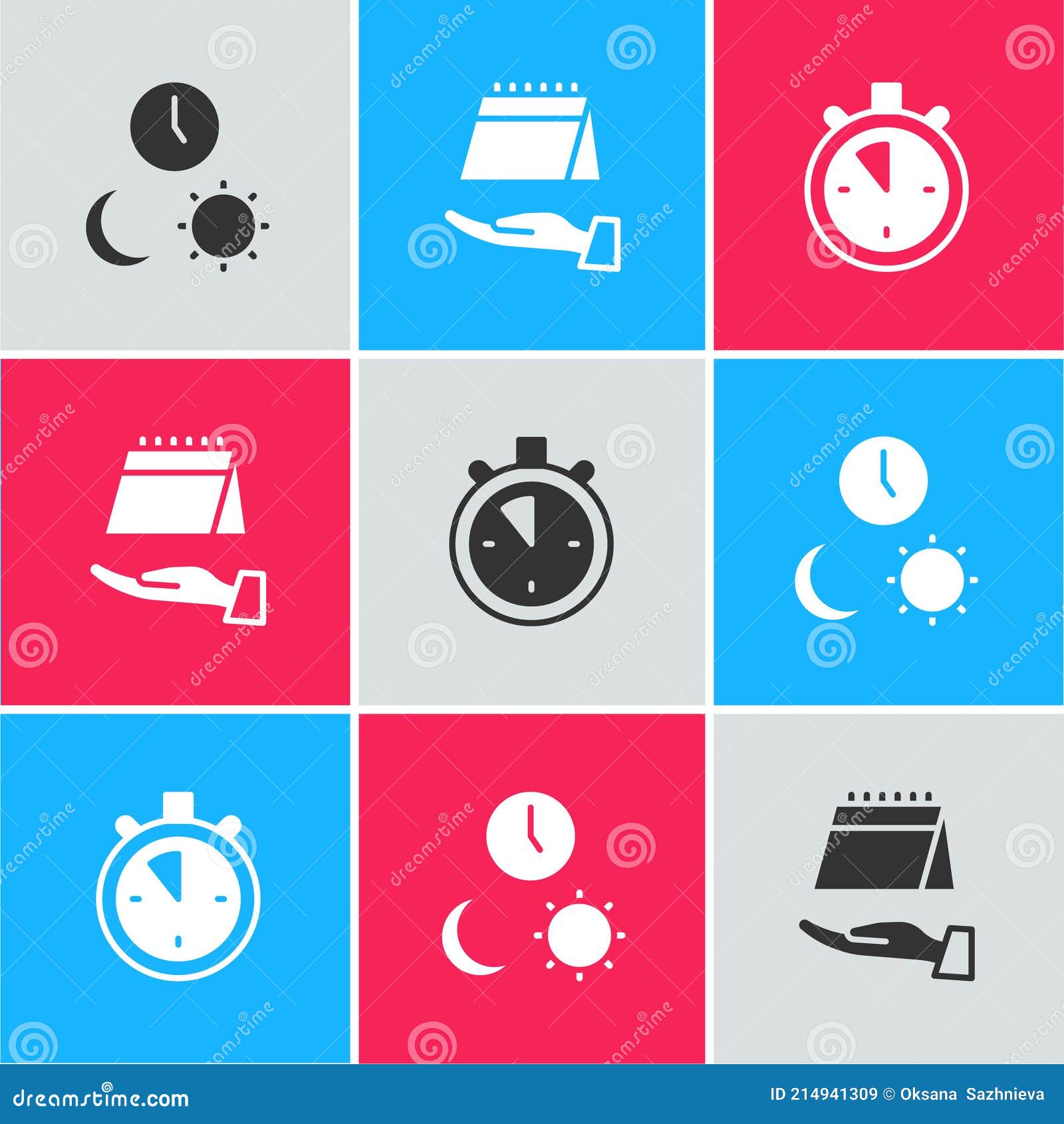 Set Day and Night with Time, Calendar and Stopwatch Icon. Vector Stock ...