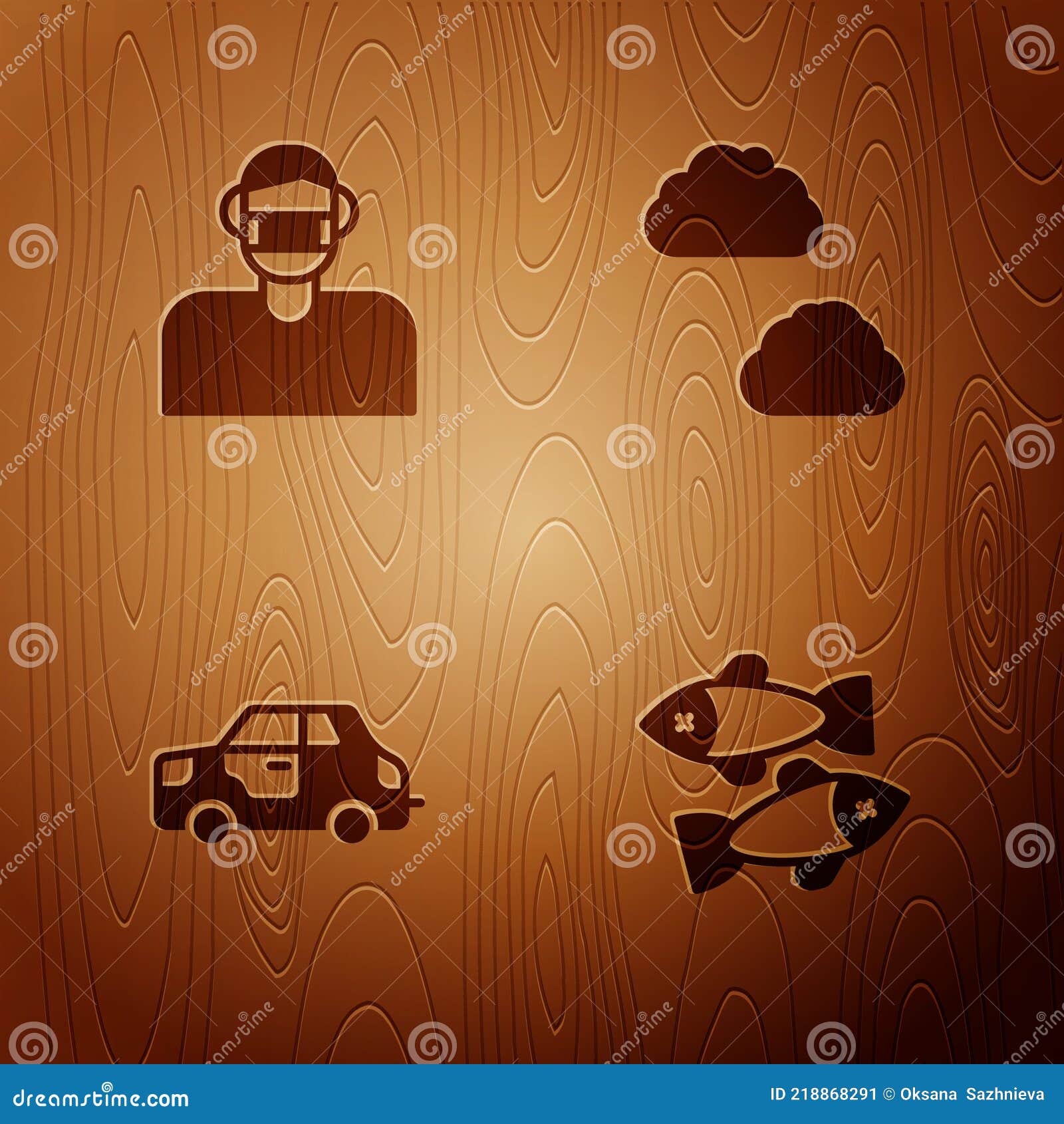 Set Dead Fish, Face in Protective Mask, Car and Cloud on Wooden ...