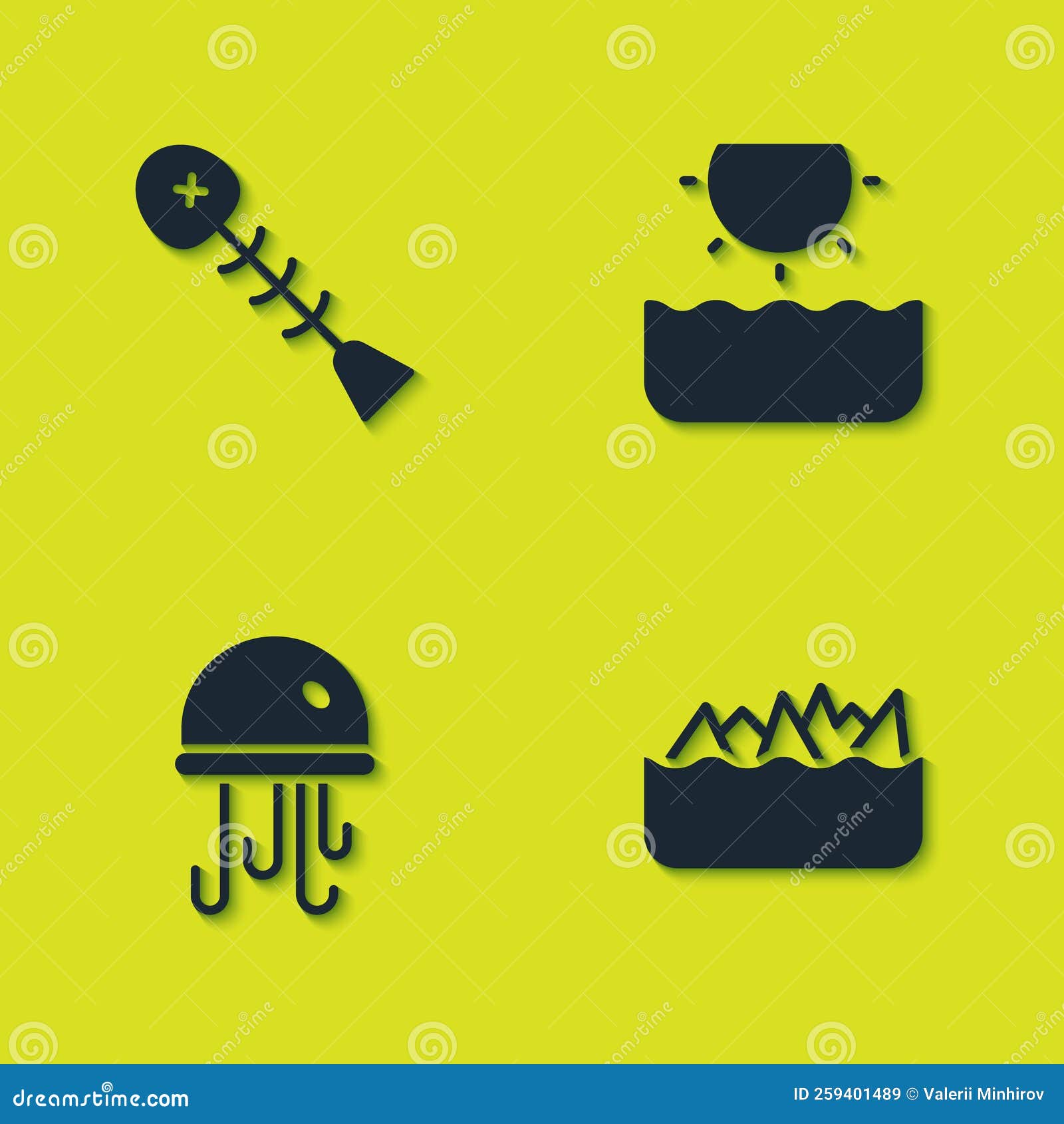 Set Dead Fish, Sharp Stone Reefs, Jellyfish and Sun Icon. Vector Stock ...