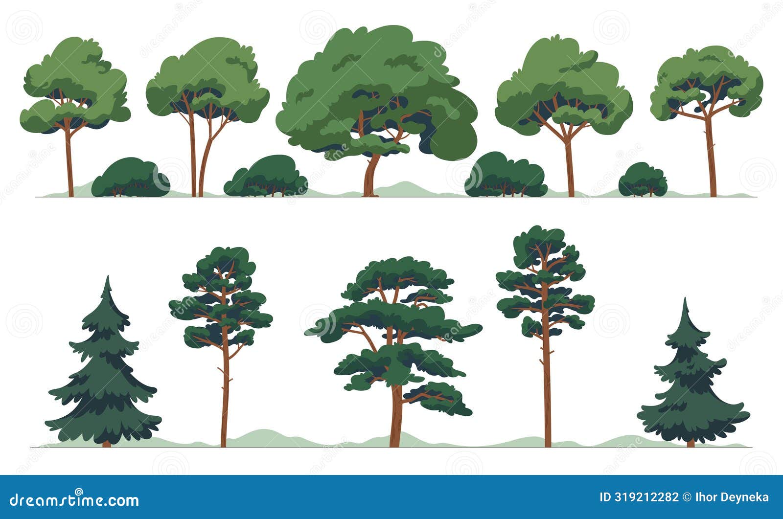 A Set of Deciduous and Coniferous Trees. Cartoon Plants. Forest with ...