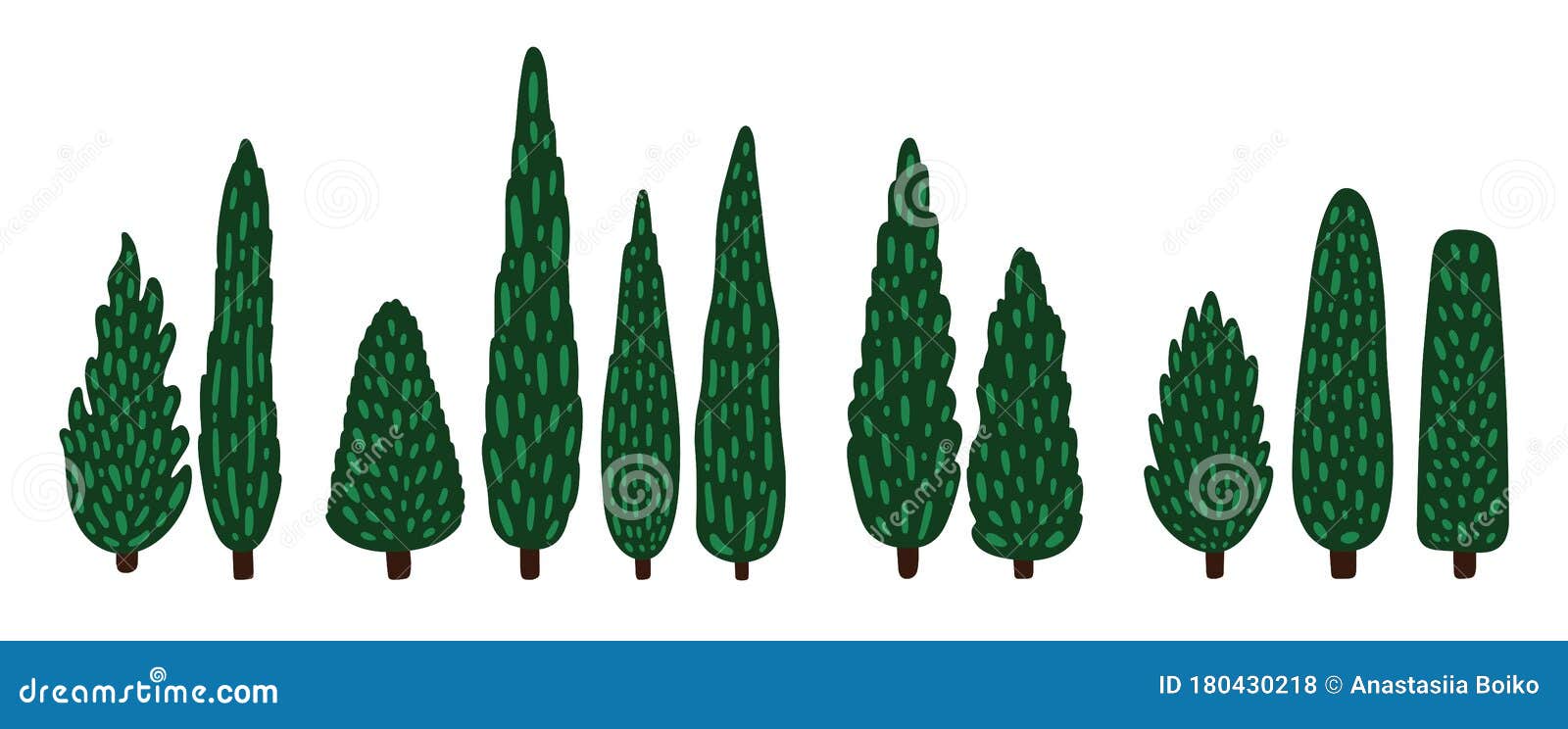 Set of Decorative Cartoon Cypresses. Tall Trees Collection Stock Vector ...