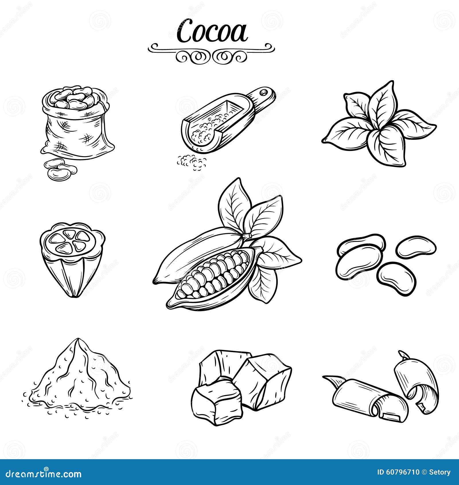 Cocoa And Chocolate Set. Hand Drawn Sketch Drawings. Chocolate Bar And ...