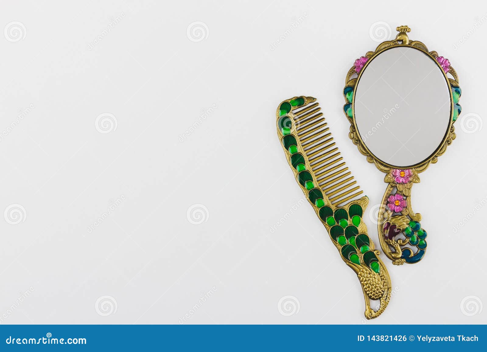 Set of Decorative Comb and Mirror, Light Background Stock Photo - Image ...