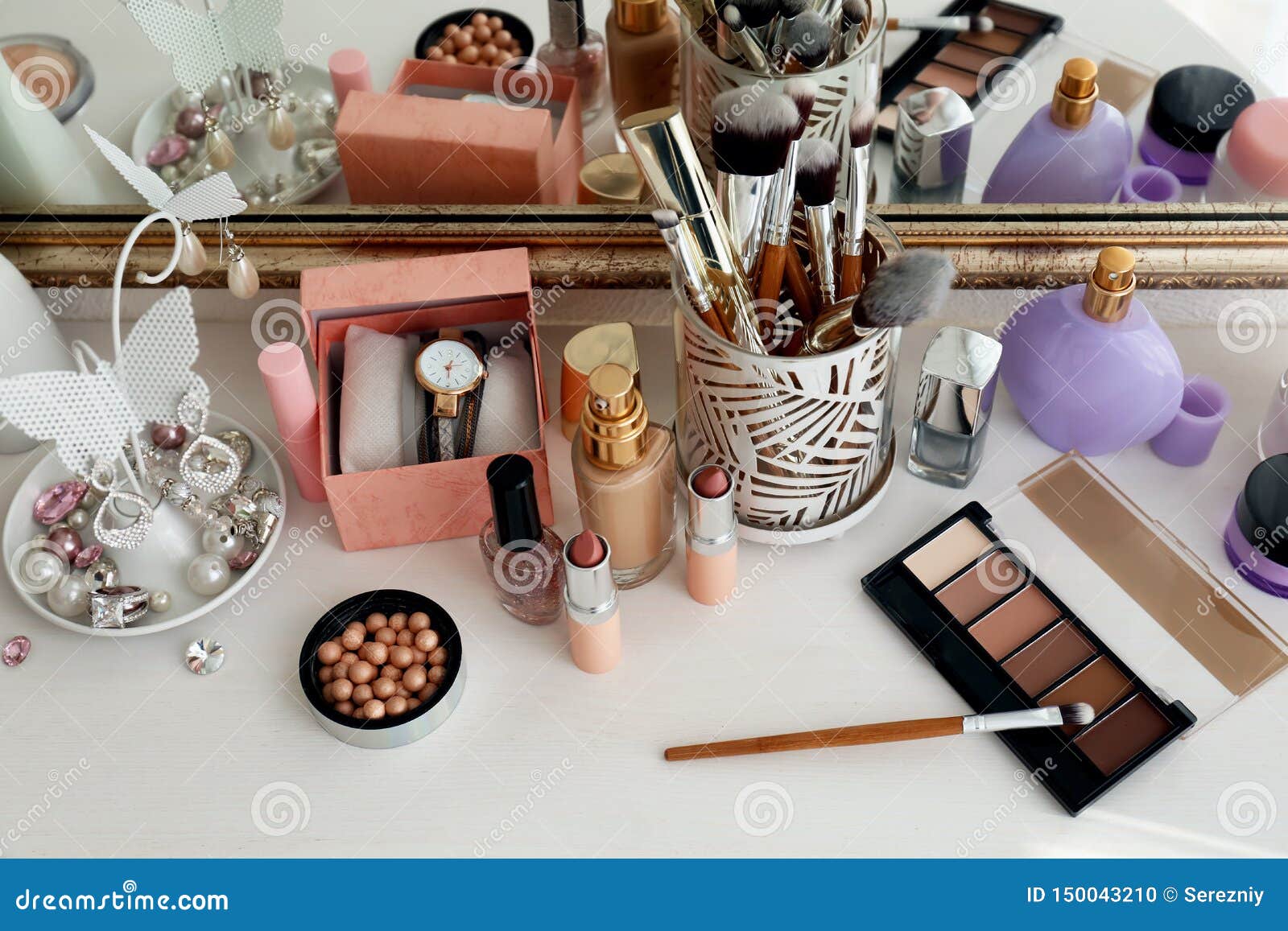 Set of Decorative Cosmetics with Accessories on White Table Stock Photo ...
