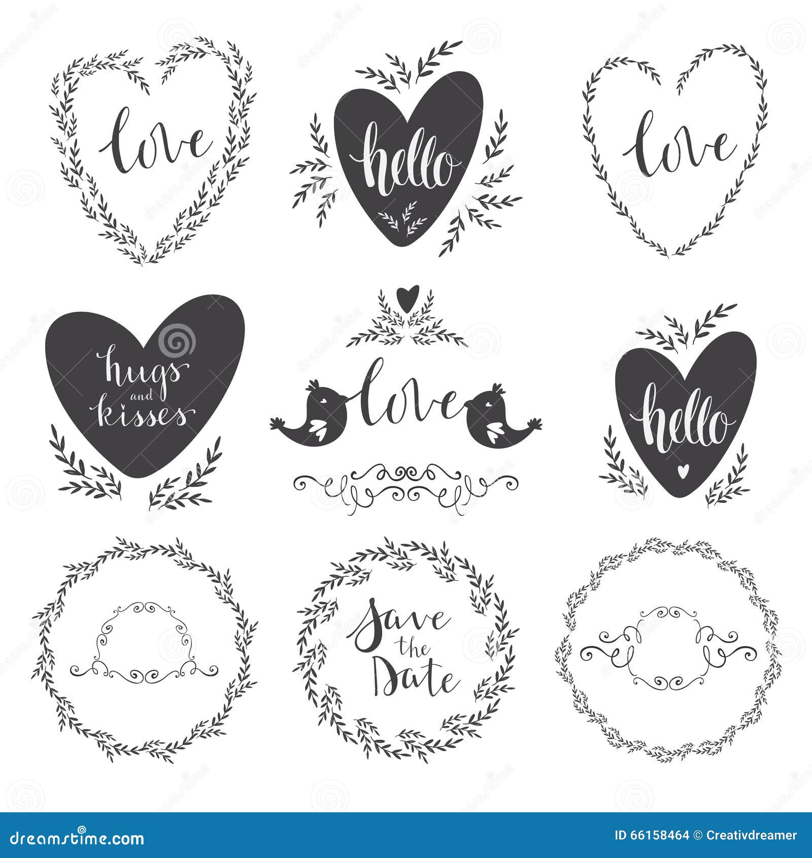Set of Decorative Design Elements Frames, Hearts, Embellishments Stock ...