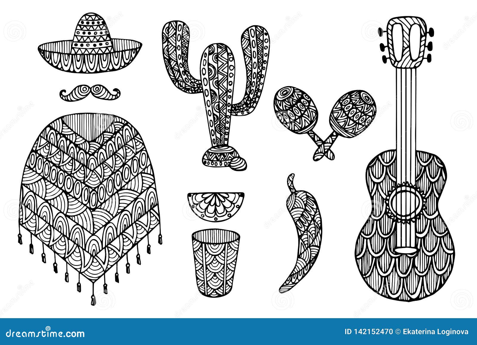 Set of Decorative Elements Mexico Stock Vector - Illustration of cacti ...