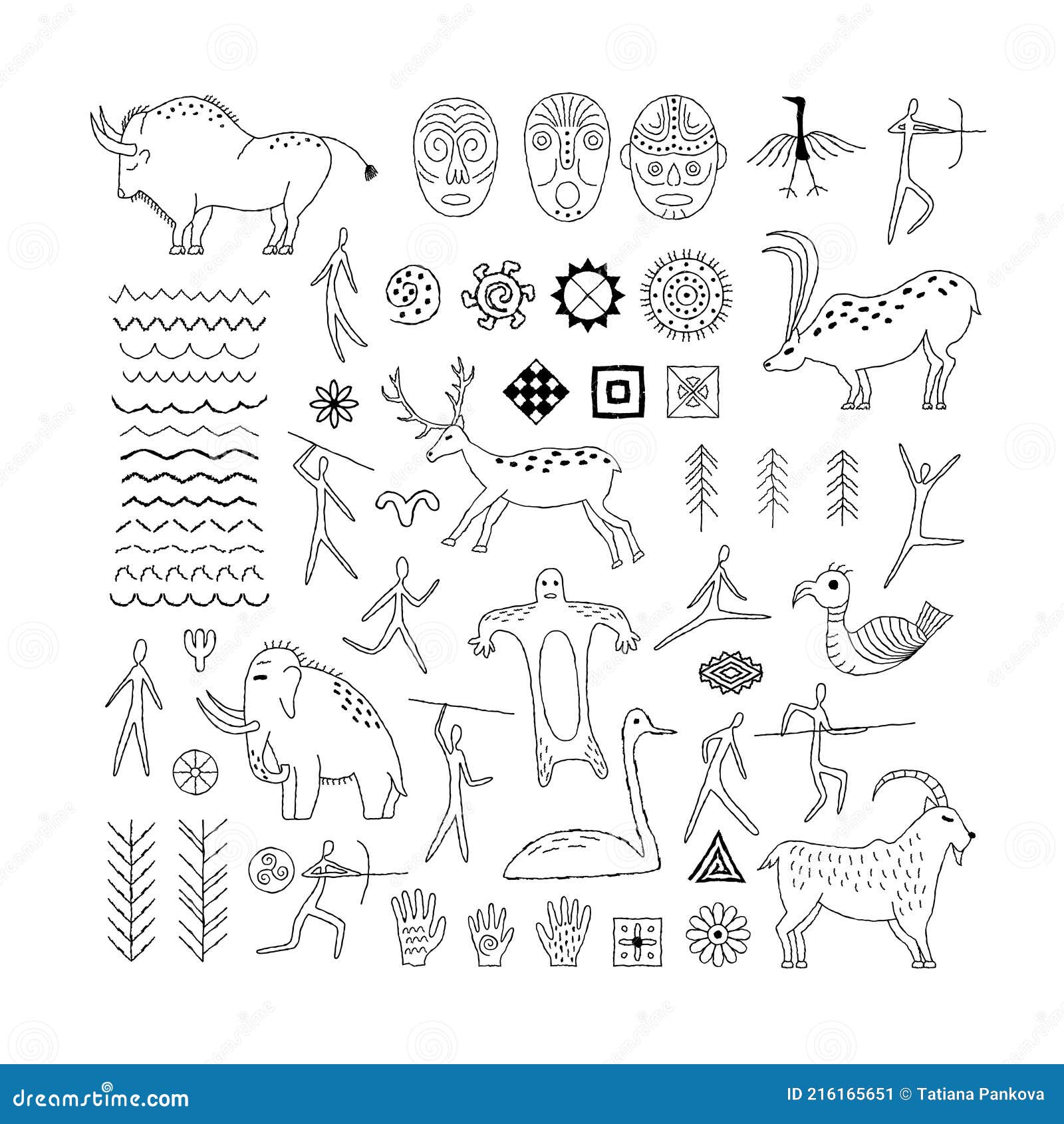Prehistoric Drawings, Cave Painting, Rock Art Line Icon. Cartoon Vector ...