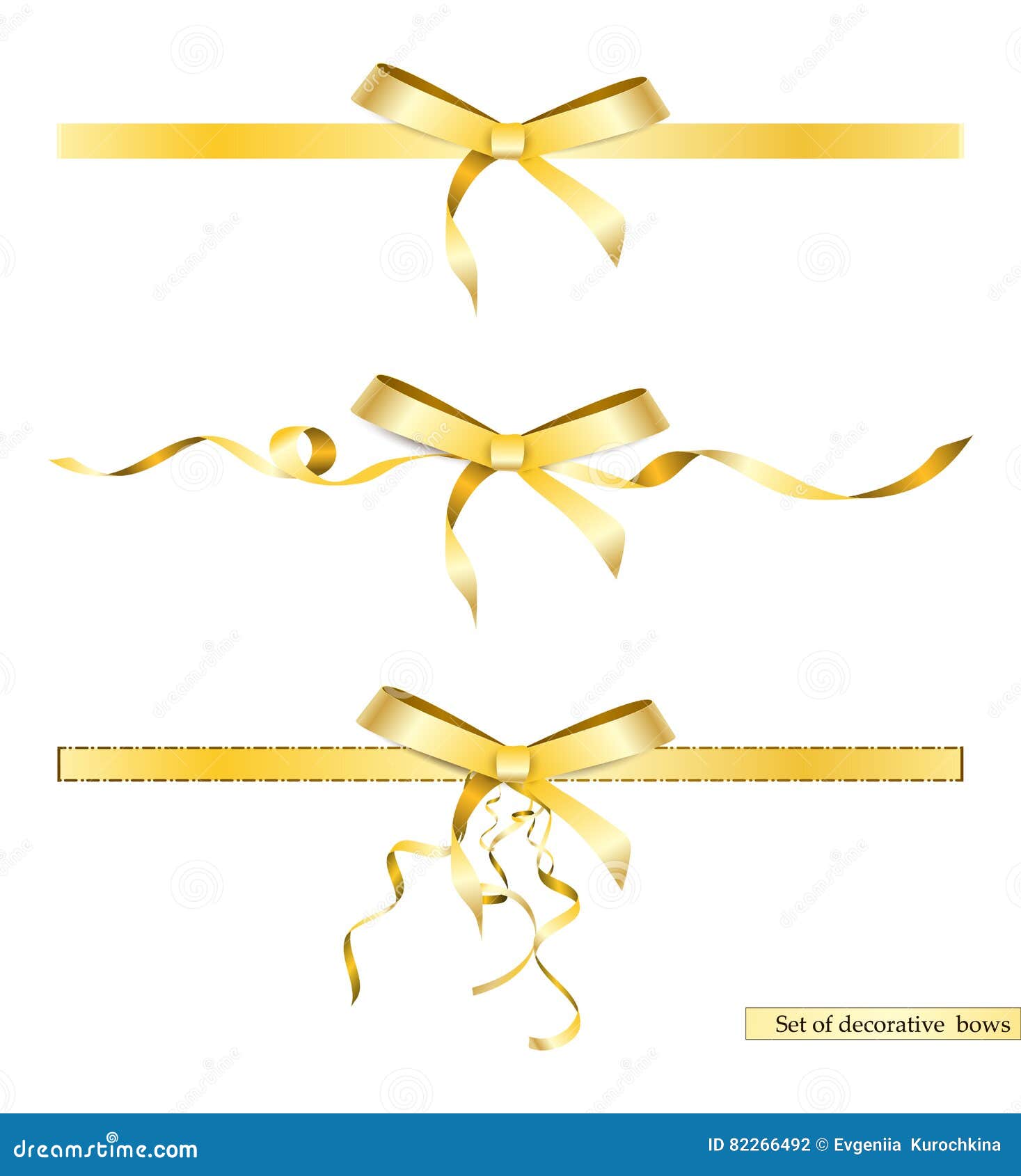 Set of Decorative Golden Bows with Horizontal Ribbons on White ...