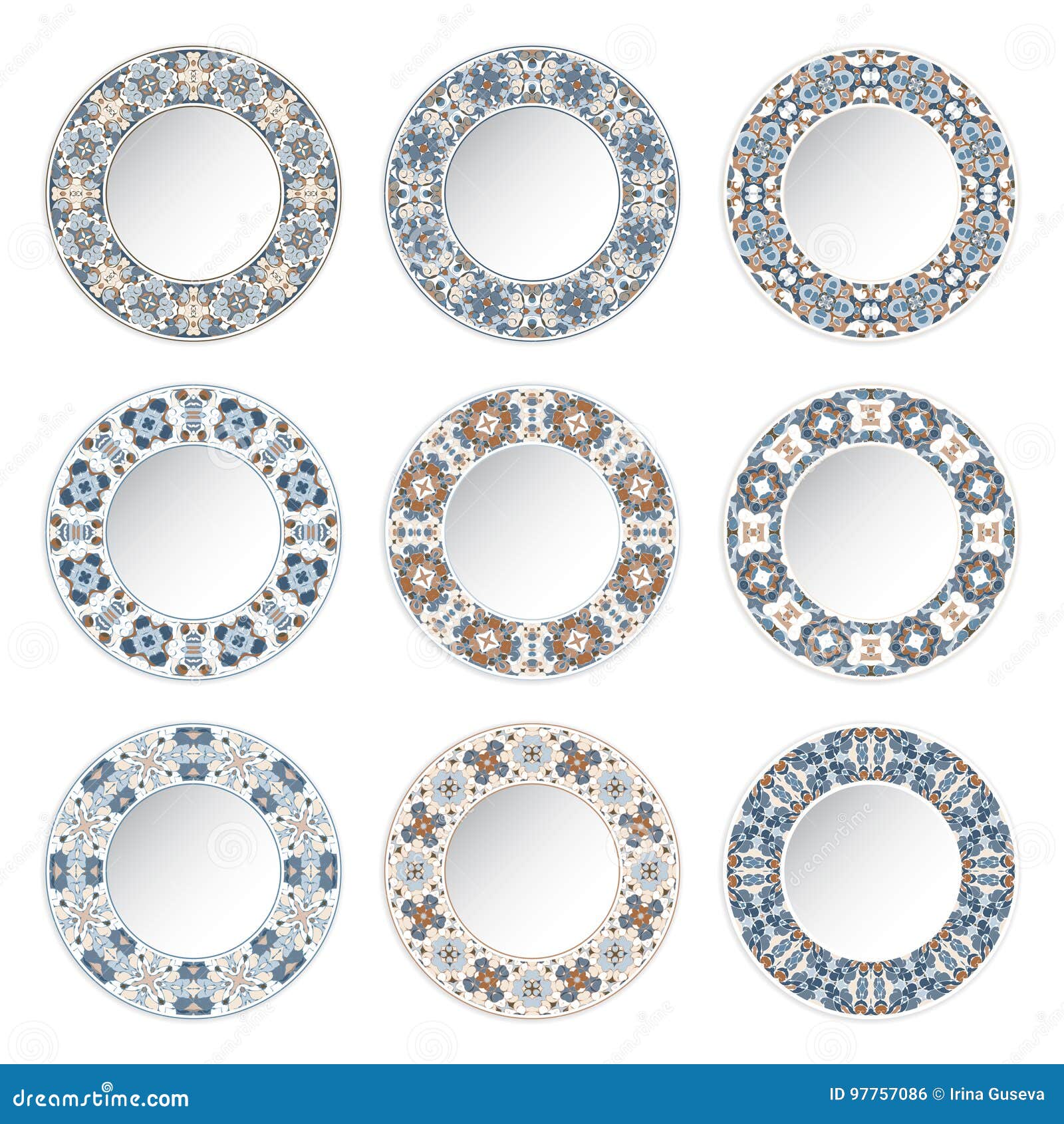 Set of Decorative Plates with a Circular Blue Pattern Stock Vector ...