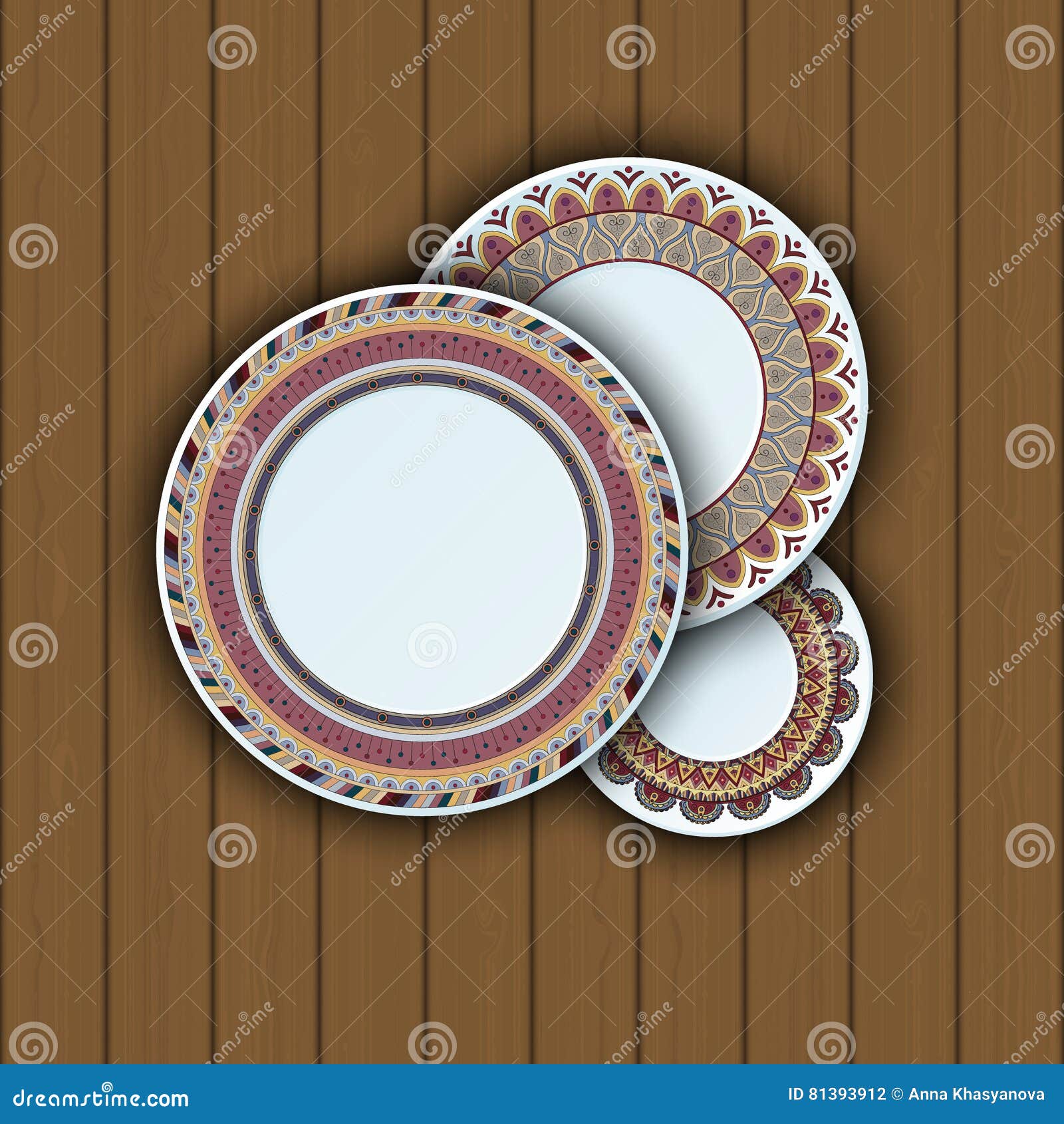 Set of Decorative Plates with a Ethnic Tribal Ornament of Handwork and ...